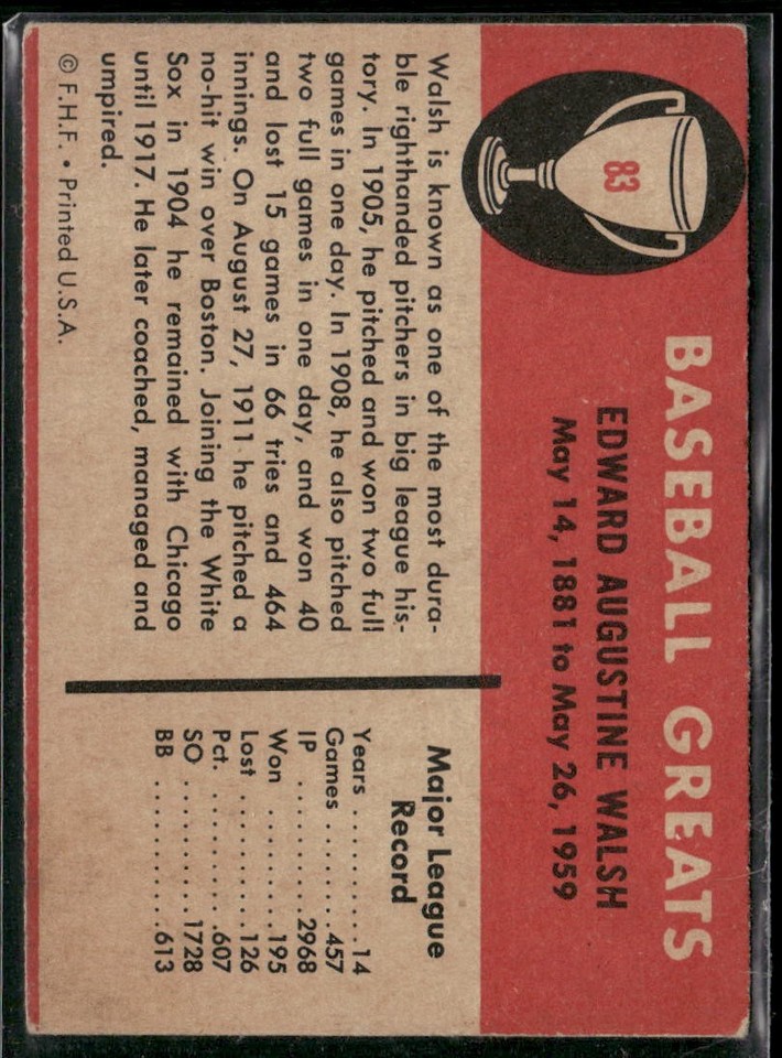1961 Fleer Baseball Greats (F418-3) #83 Big Ed Walsh (low grade) | eBay