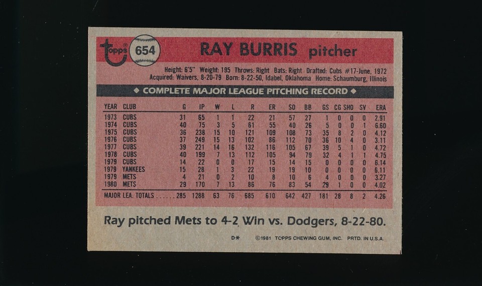 1981 Topps #654 Ray Burris * Pitcher * New York Mets * EX-MT/NM * | eBay