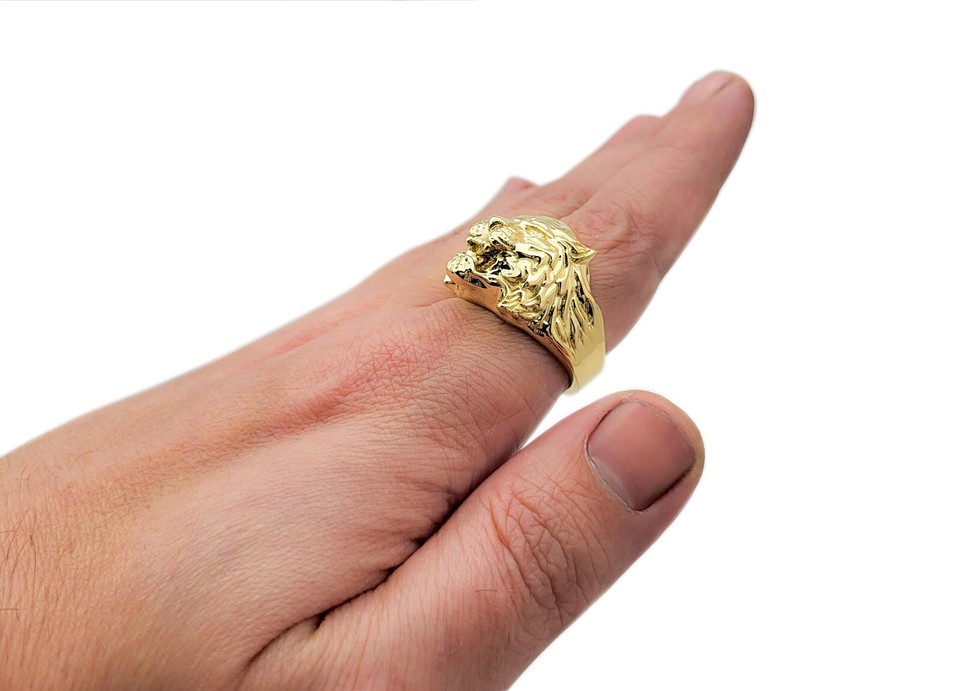 Real 14K Yellow Gold Tiger Ring XXL Heavy Mens Gold Tiger Head Ring ...