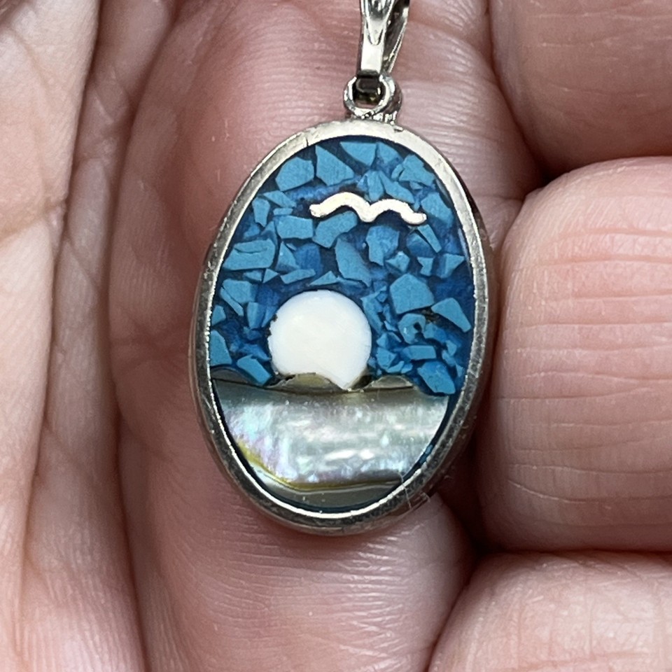 Inlaid Mother Of Pearl Turquoise chips Pendant Necklace Beach Sunset ...