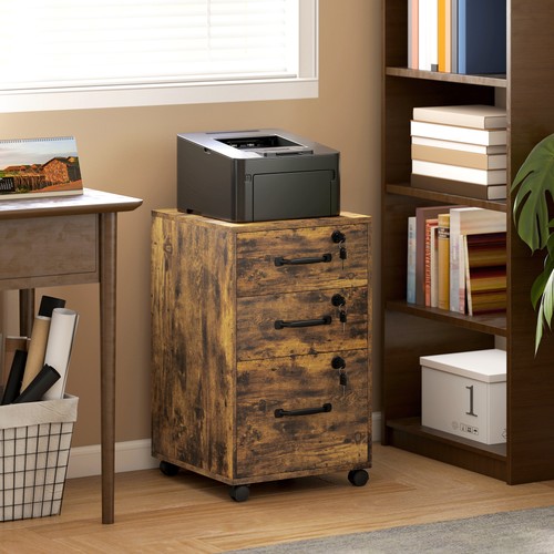 3 Drawer Mobile Filing Cabinet Rustic Brown Lockable Office Storage ...