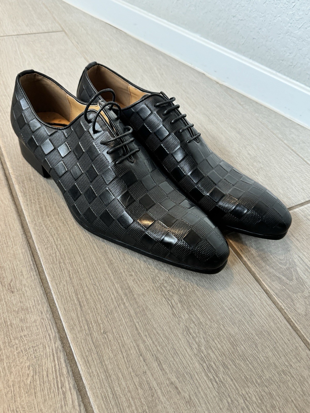 Daniel Wafer Black Checkered Leather Lace-Up Oxford Dress Shoes (12/45 ...