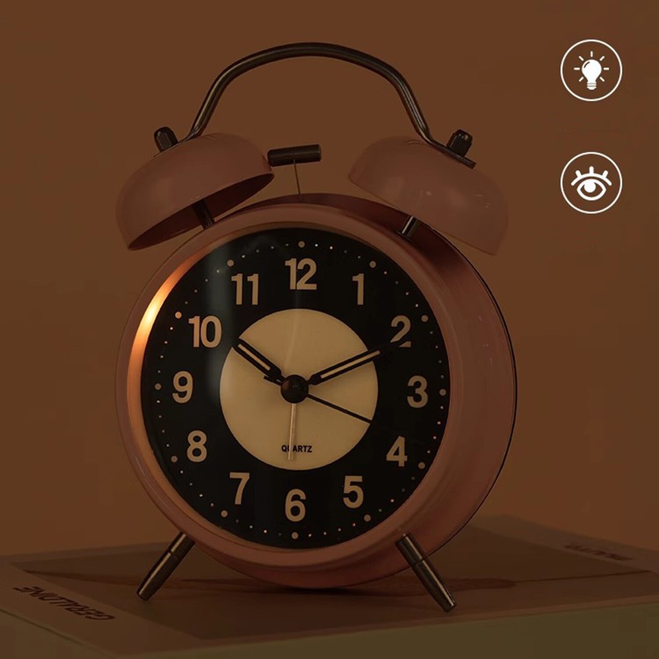 Retro Twin Bell Alarm Clock Quartz Silent Luminous Dial Nightlight ...