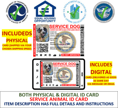 ADA SERVICE DOG ID CARD DUAL SIDED PLASTIC PVC CUSTOMIZABLE PHYSICAL ...