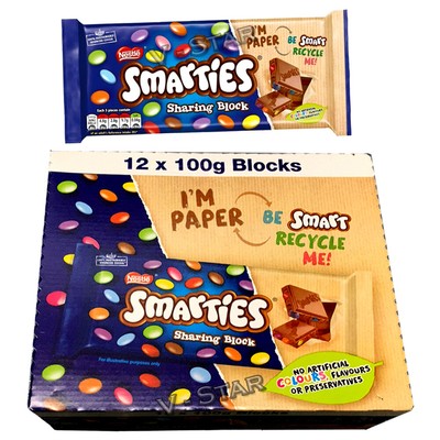 NESTLE SMARTIES MILK CHOCOLATE BAR 12 x 100g SHARING BLOCK FULL BOX ...