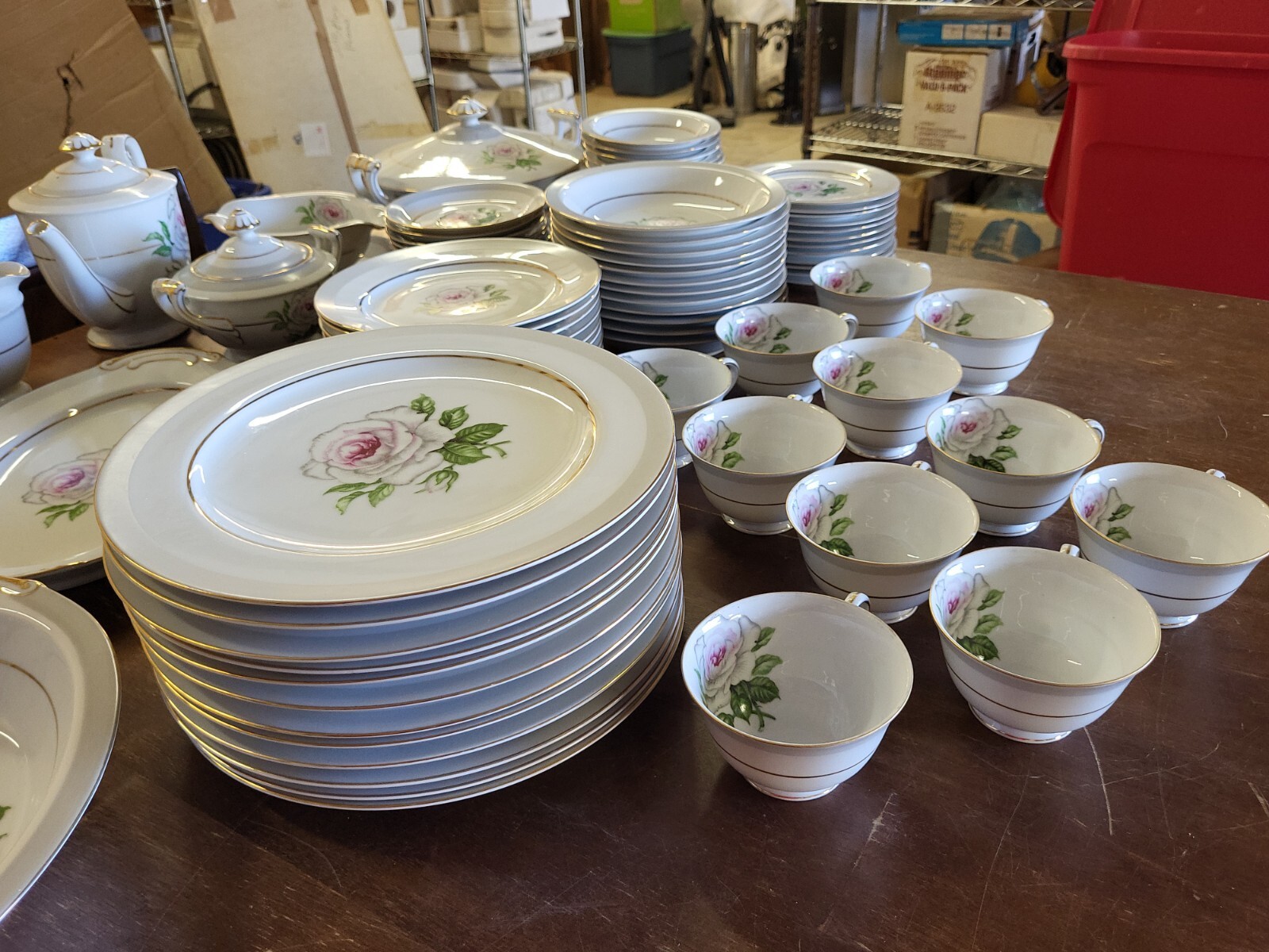 94 pcs SONE china Japan EUC SON33 Wite rose pink center gray band gold ...