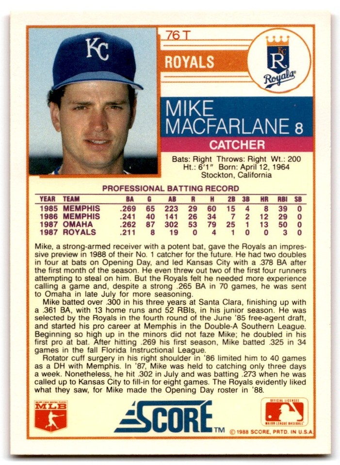 1988 Score Rookie & Traded Mike Macfarlane Kansas City Royals #76T | eBay