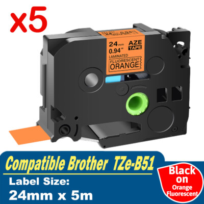 5x Compatible For Brother TZe-B51 Label Tape 24mm Black on Orange ...