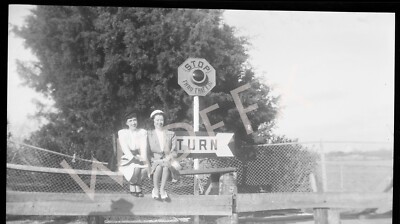 VTG 1940s Photo Negative Woman Sitting On Wood Stop Thru Traffic Sign ...