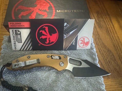 Microtech MANUAL Stitch Ram-Lok,Two Tone Blade, Tan/FDE Fluted Aluminum. | eBay