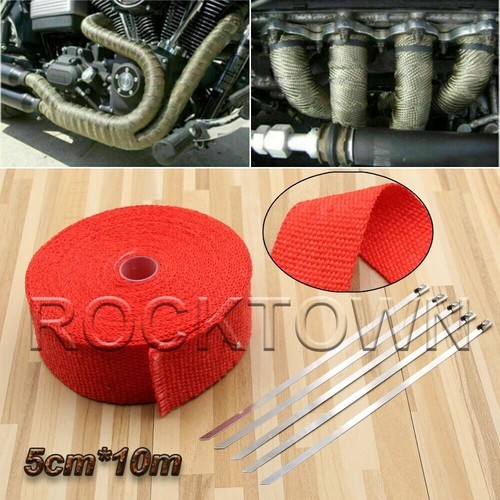 Exhaust Manifold Downpipe Red Heat Wrap 2" x 10m & 5 Ties rap De Cat ...