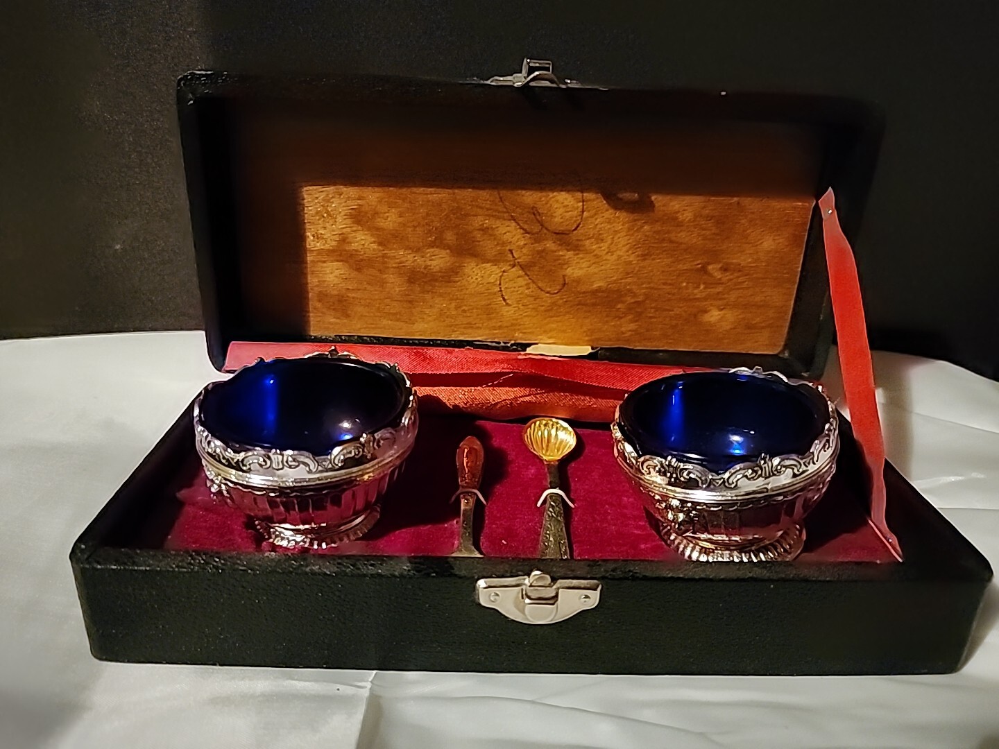 Vintage Silver & Cobalt Blue Glass Salt Cellar Caviar Cups With Spoons ...