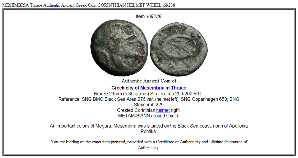 MESEMBRIA Thrace Authentic Ancient Greek Coin CORINTHIAN HELMET WHEEL ...