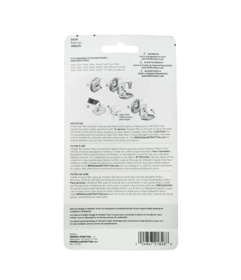 Briggs & Stratton 5434 799579 Foam Air Filter 450e 500e 550e 550ex ...