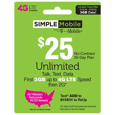 SIMPLE MOBILE Prepaid $25 Refill Top-Up Prepaid Card ,PIN / RECHARGE ...