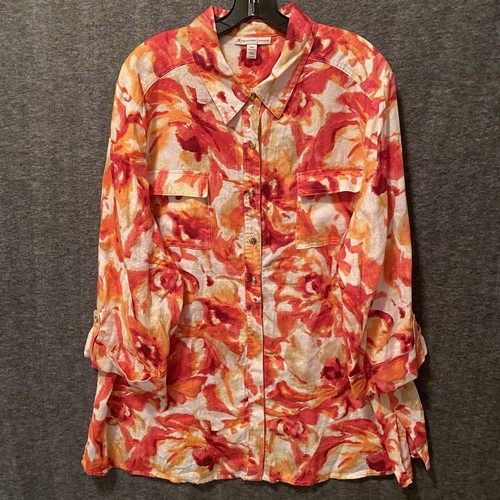 JM Collection Top Women 24W Orange Pink Floral Linen Button Shirt ...
