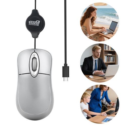 USB C Mini Mouse with Retractable Cord 3-Button Optical Mouse for ...