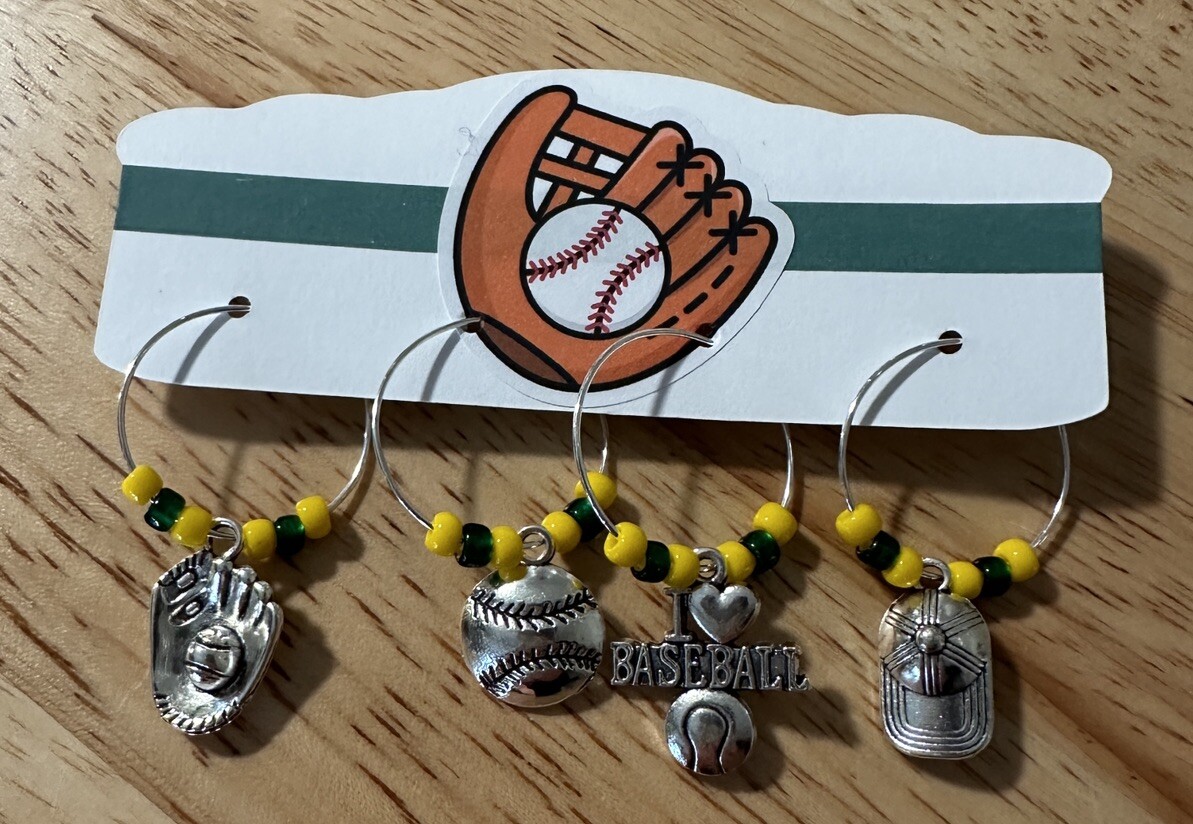 Baseball Wine Charms, Four Wine Charms, Green Yellow Baseball Wine ...