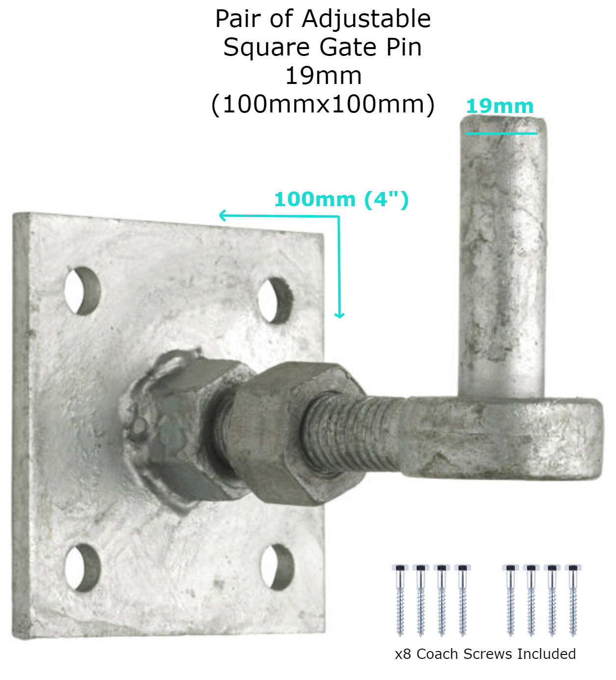 Heavy Duty 19mm 4" Square Hook on Plates Galvanised Gate Pins Plates ...