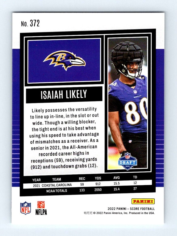 #372 2022 Score - Isaiah Likely RC Baltimore Ravens | eBay