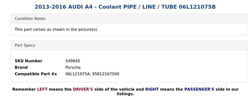 2013-2016 AUDI A4 - Coolant PIPE / LINE / TUBE 06L121075B | eBay