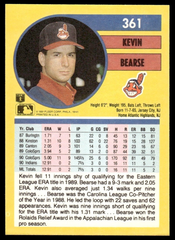 1991 Fleer Baseball Card Kevin Bearse Cleveland Indians #361 | eBay