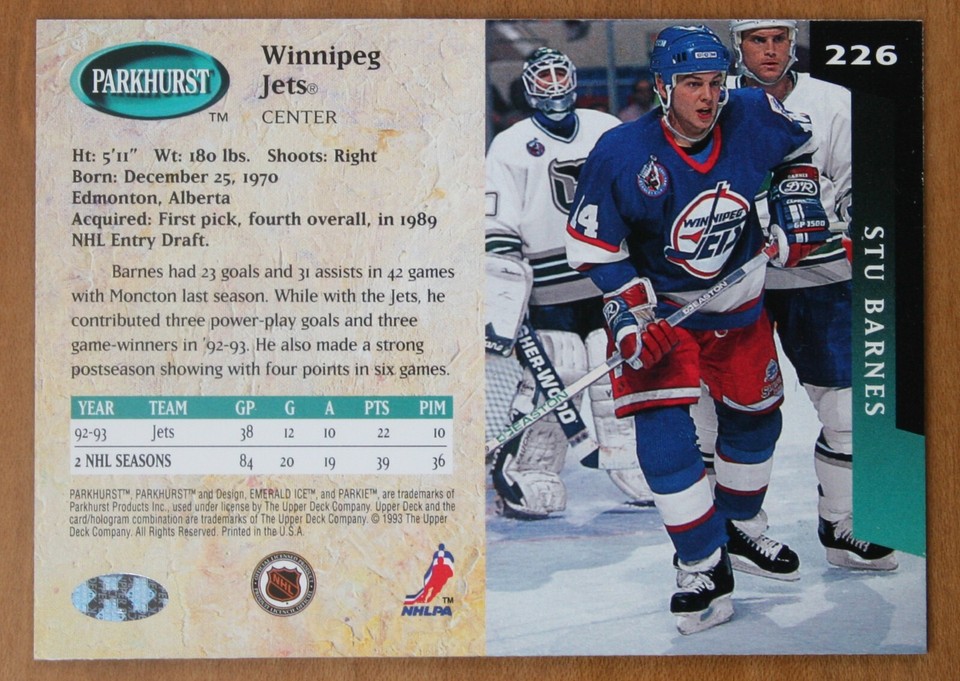 AUTOGRAPHED - Stu Barnes Parkhurst #226 Winnipeg Jets 1993 NHL | eBay