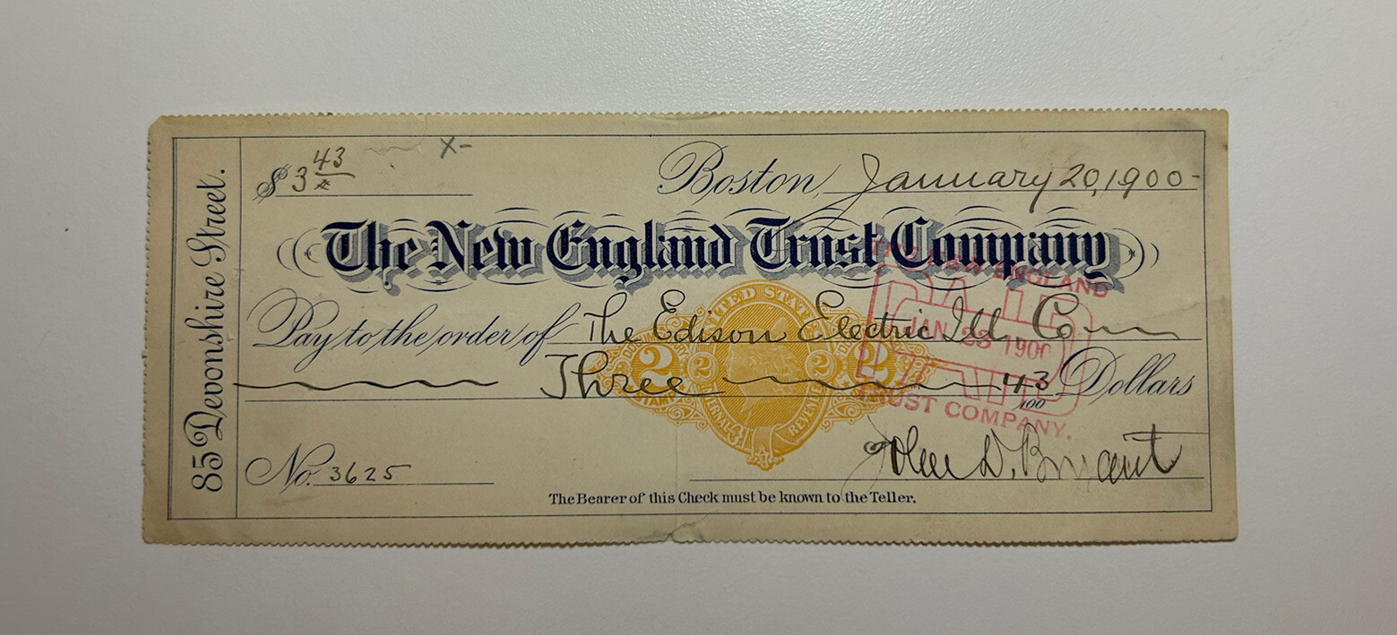 RN-X7 - The New England Trust Co - Bank Check - Boston MA - 1900 | eBay