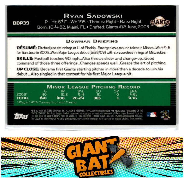 2009 Bowman Draft Picks & Prospects #BDP39 Ryan Sadowski Chrome | eBay