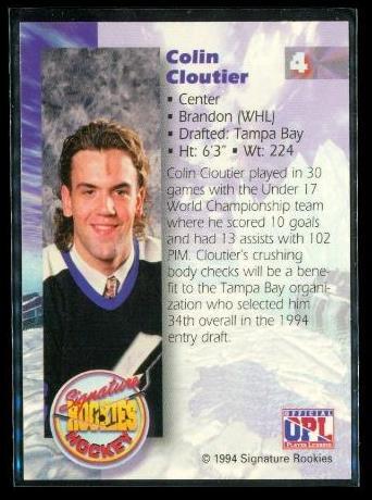 Vintage 1994 SIGNATURE RC AUTOGRAPH Hockey Card #4 COLIN CLOUTIER ...