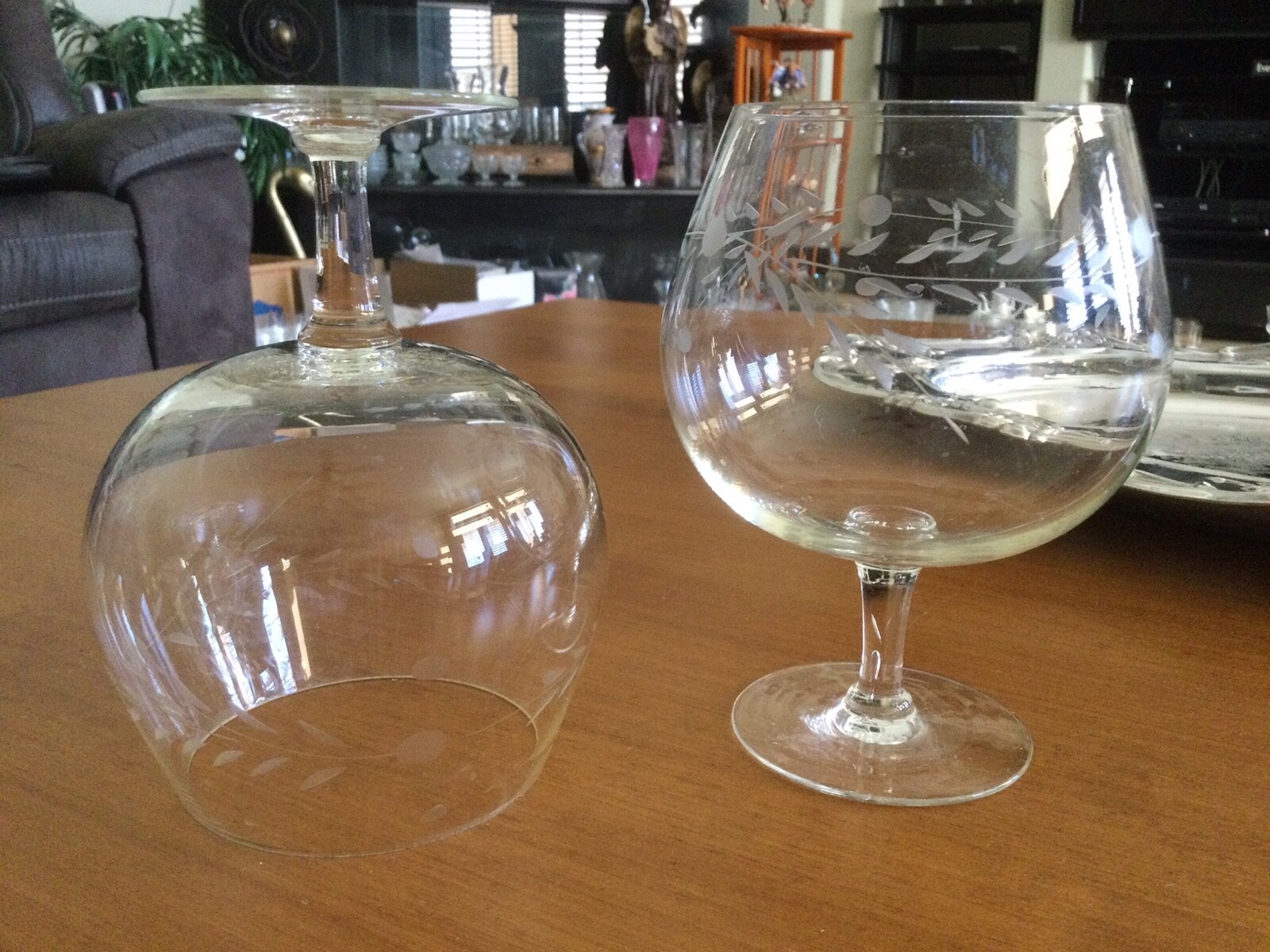 Pair of Antique/Vintage HandBlown Crystal Brandy Snifters w/Etched Vine ...