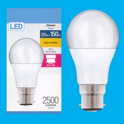 2x 20W (=150W) LED GLS Pearl Bayonet BC B22 Warm White 3000K Light Bulb ...