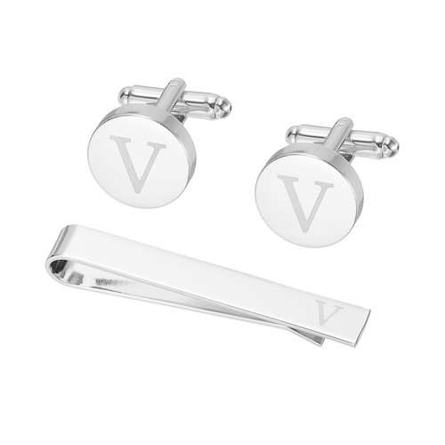 Cuff Links, Tie Clip and Cufflink Set for Men, Letter V(Silver Tone ...