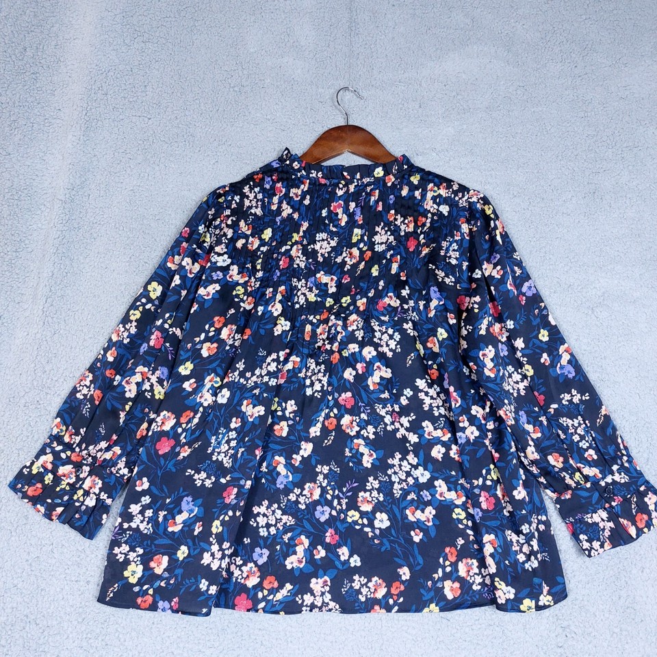 Ann Taylor Top Women's Medium Blue Floral Pintuck Button Shoulder ...