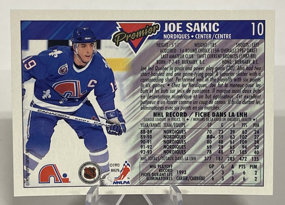 1993-94 OPC Premier #10 Joe Sakic 1993 O-Pee-Chee Quebec Nordiques HOF ...