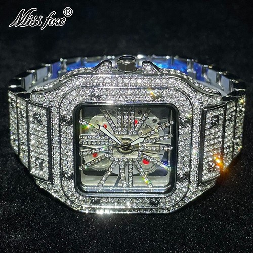 Luxury Hip Hop Ice out Men's Watch Iced Bling VVS Silver Square ...
