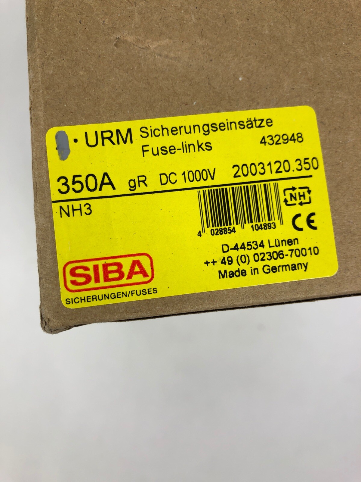 SIBA 350A gR DC 1000V 2003120 . 350 NH3 20 031 20 Fuse Link - Germany ...