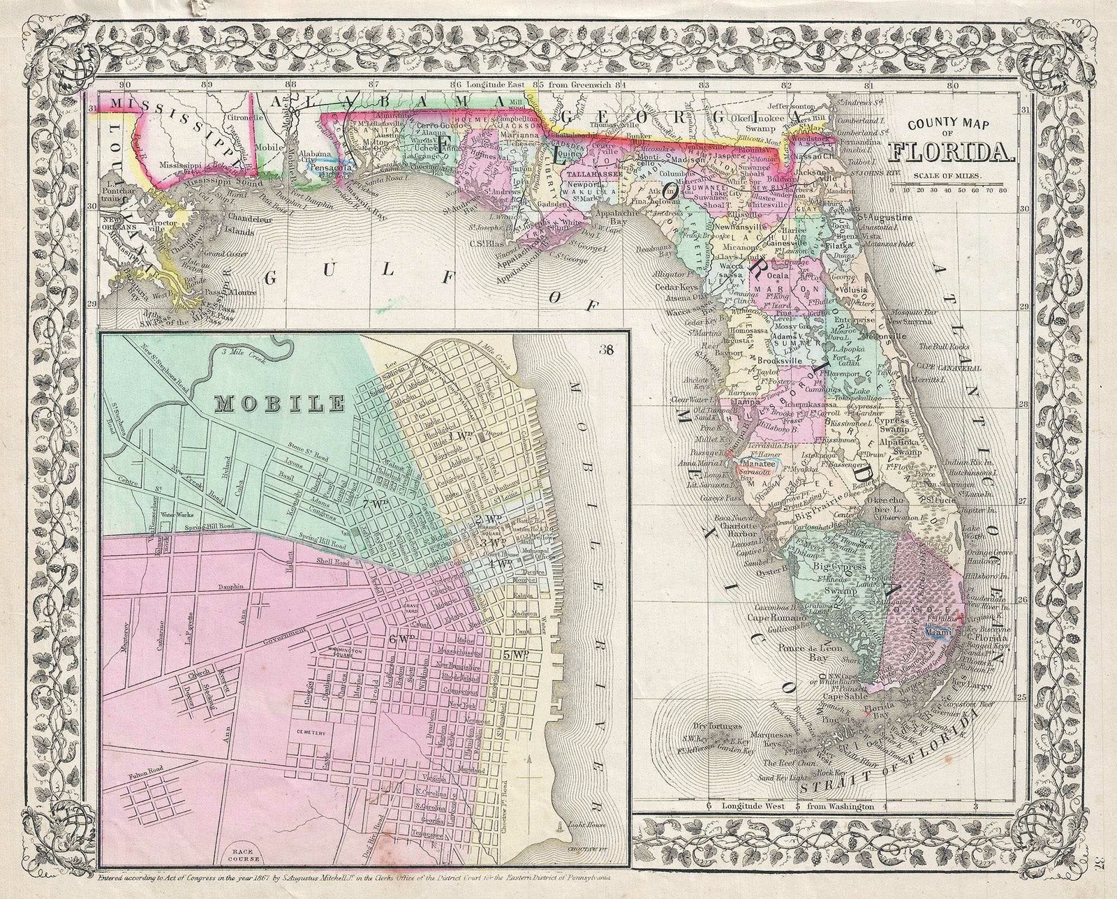 1867 Mitchell Map of Florida (w/ Mobile, Alabama inset) | eBay UK