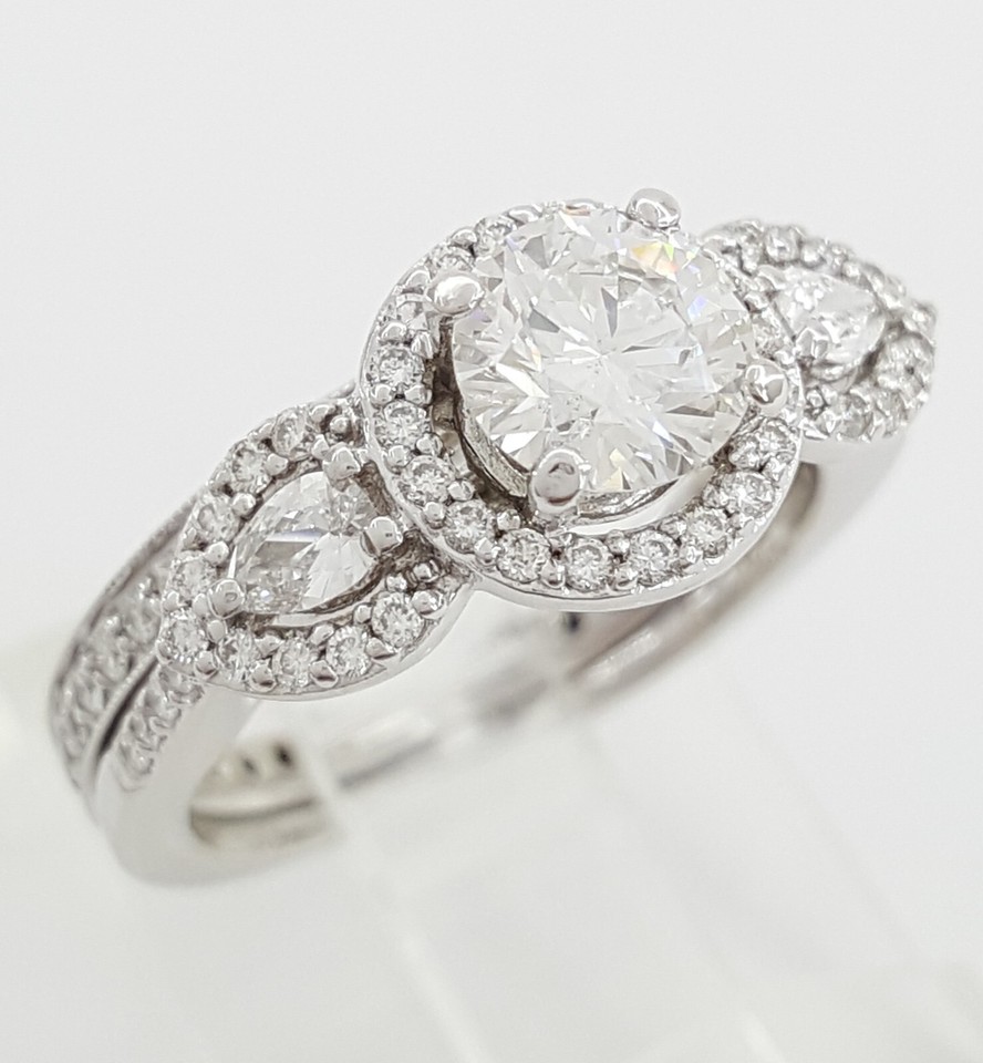 Gabriel & Co Round Diamond Halo 1.28 ct 14K W Gold Engagement Ring Set ...