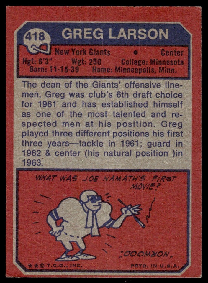 1973 TOPPS GREG LARSON 2 NEW YORK GIANTS #418 | eBay