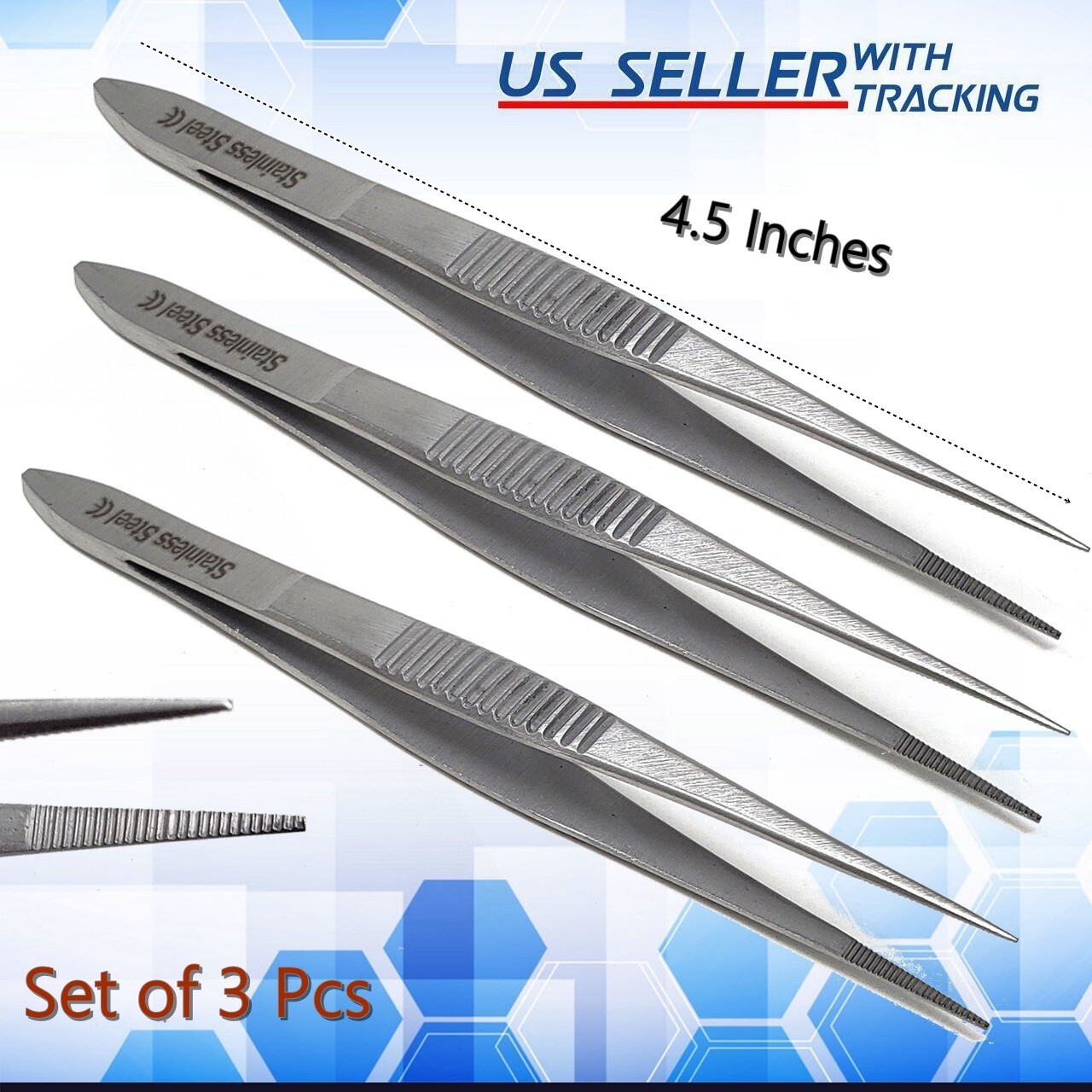 3 Pc Tweezer Set Stainless Steel Hobby Electronic Jewelry Watch Repairs ...