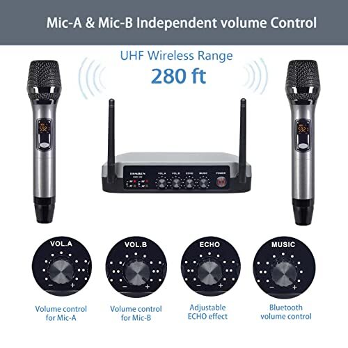 UHF Handheld Wireless Karaoke Microphone System with Echo Cordless Mic ...
