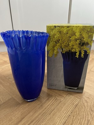 OLIVER BONAS BLUE FLUTED EDGE SIBILO SODA GLASS TALL VASE NEW IN BOX ...
