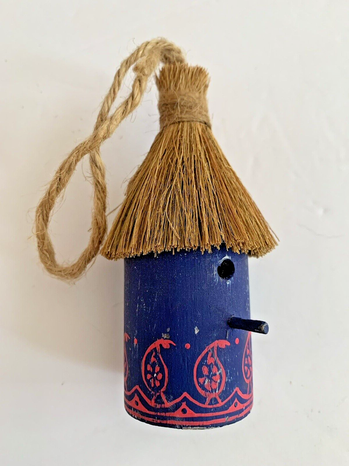 Vintage Straw Grass Mini Bird House Hut Christmas Tree Wood Ornament ...