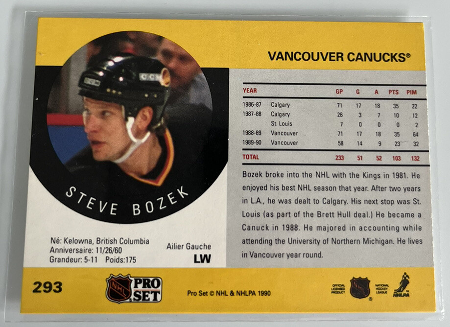 1990-91 Pro Set Canucks Card #293 Steve Bozek Auto Autograph Signed ...