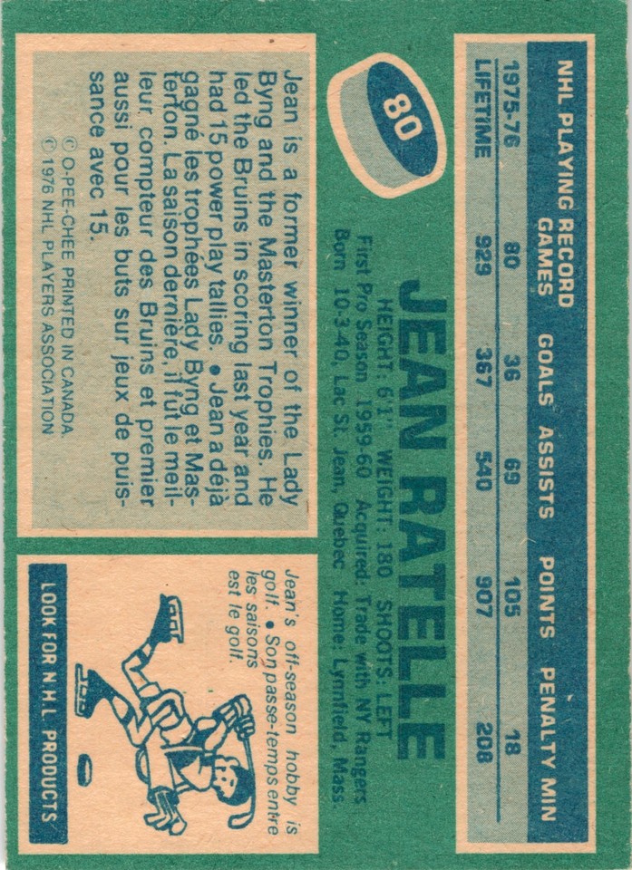 1976 Topps #80 Jean Ratelle Great! | eBay