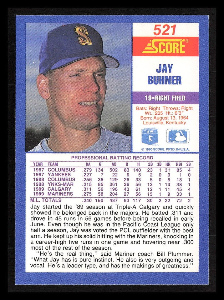 Jay Buhner 1990 Score #521 Seattle Mariners | eBay