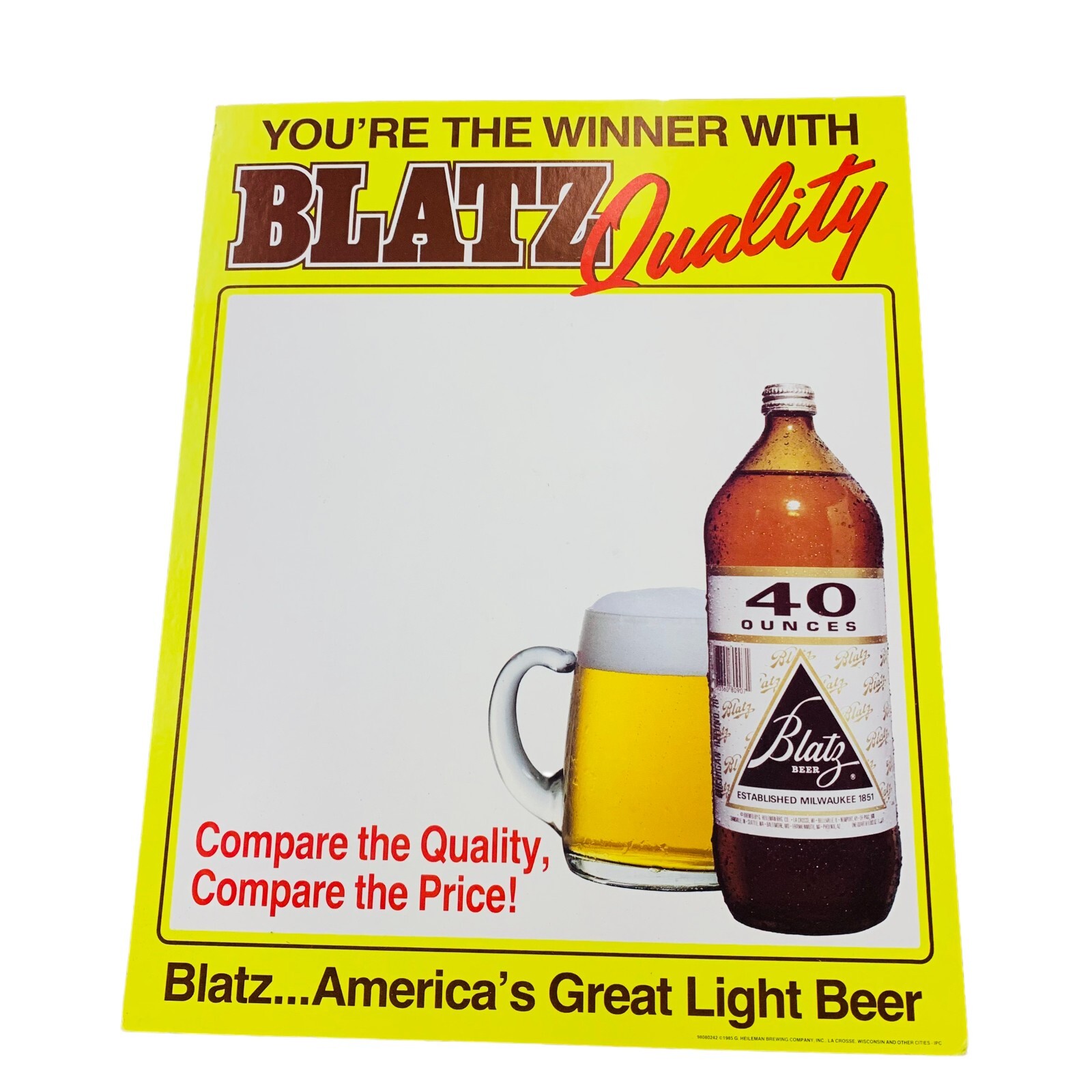 Vintage Blatz Beer 40 oz Cardboard Sign Brewery Easel Milwaukee 11" x ...