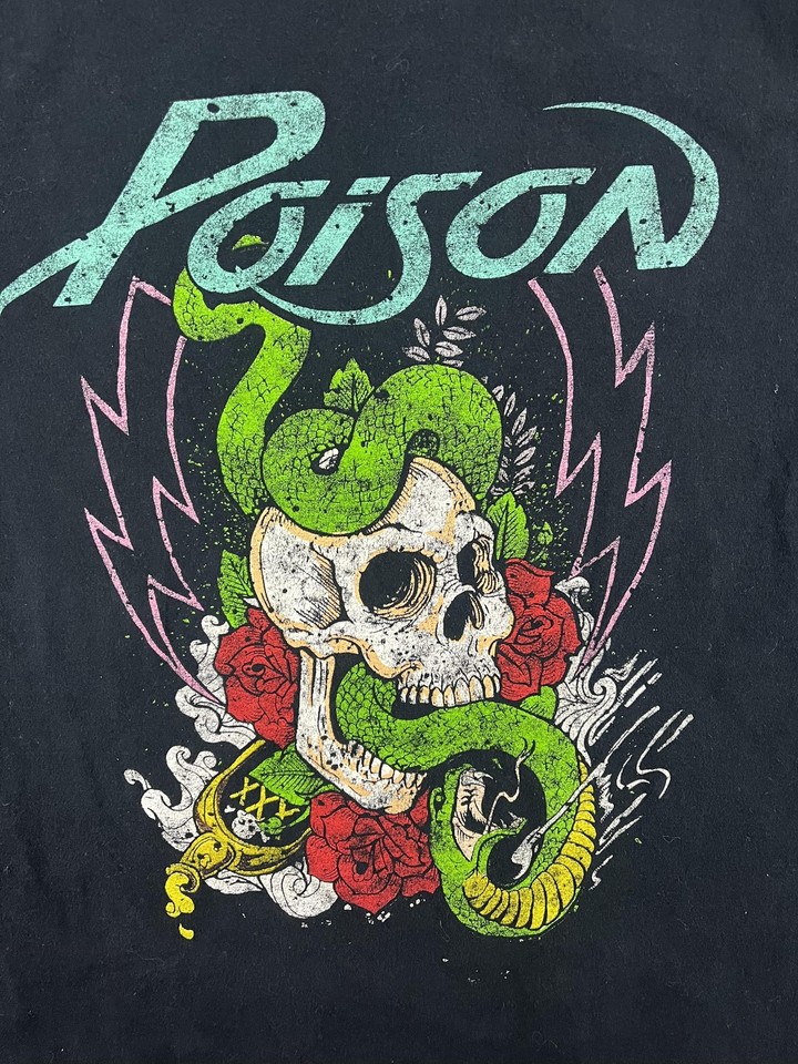 Poison Band Shirt Mens Large Black Skull Snake Roses Graphic Rock Tee ...