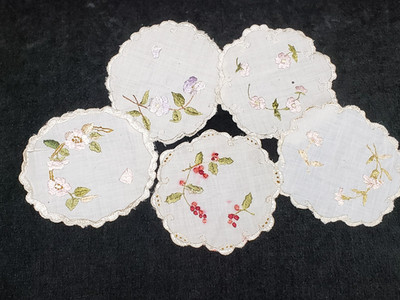 5 Vintage Linen Coasters Doily Silk Embroidery 1880s Royal Society Work ...